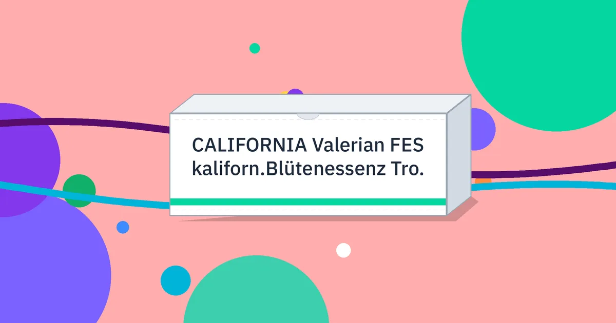 Symbolbild: Packung mit der Aufschrift CALIFORNIA Valerian FES kaliforn.Blütenessenz Tro. (PZN 18809647) – Verfügbarkeit und Bezug in Apotheken in Frankfurt am Main