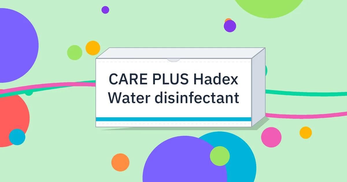 Symbolbild: Packung mit der Aufschrift CARE PLUS Hadex Water disinfectant (PZN 09715887) – Verfügbarkeit und Bezug in Apotheken in Frankfurt am Main
