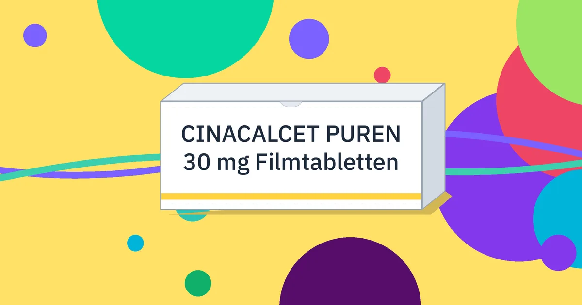 Symbolbild: Packung mit der Aufschrift CINACALCET PUREN 30 mg Filmtabletten (PZN 15396506) – Verfügbarkeit und Bezug in Apotheken in Frankfurt am Main