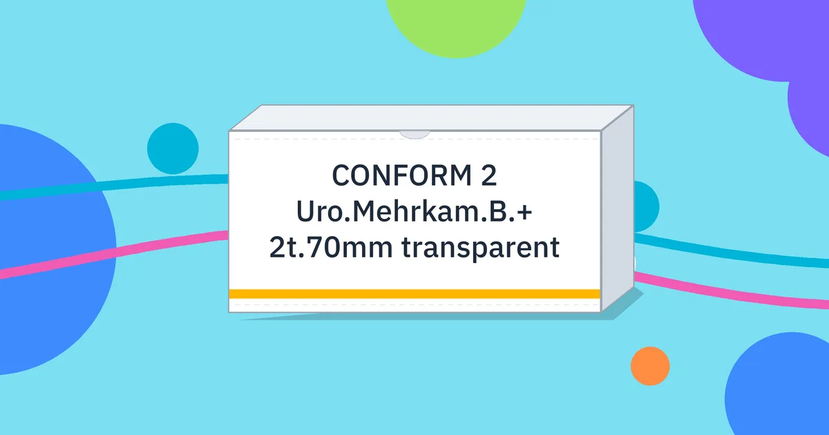 Symbolbild: Packung mit der Aufschrift CONFORM 2 Uro.Mehrkam.B.+ 2t.70mm transparent (PZN 10812644) – Verfügbarkeit und Bezug in Apotheken in Frankfurt am Main