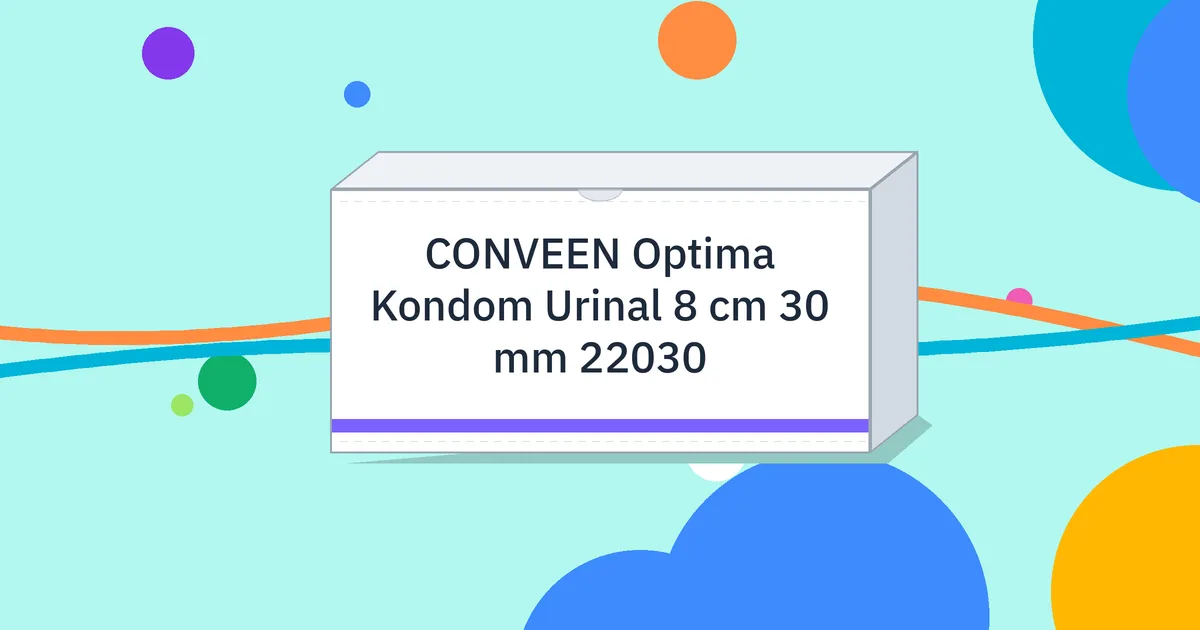 Symbolbild: Packung mit der Aufschrift CONVEEN Optima Kondom Urinal 8 cm 30 mm 22030 (PZN 17954962) – Verfügbarkeit und Bezug in Apotheken in Frankfurt am Main