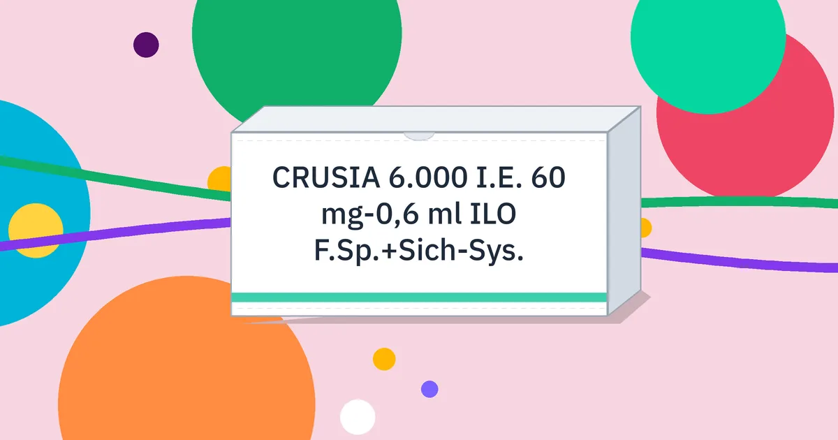 Symbolbild: Packung mit der Aufschrift CRUSIA 6.000 I.E. 60 mg-0,6 ml ILO F.Sp.+Sich-Sys. (PZN 15861819) – Verfügbarkeit und Bezug in Apotheken in Frankfurt am Main