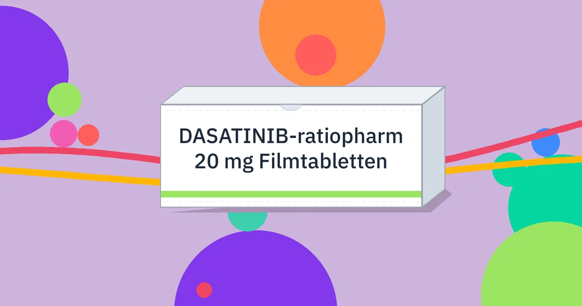 Symbolbild: Packung mit der Aufschrift DASATINIB-ratiopharm 20 mg Filmtabletten (PZN 16315071) – Verfügbarkeit und Bezug in Apotheken in Frankfurt am Main