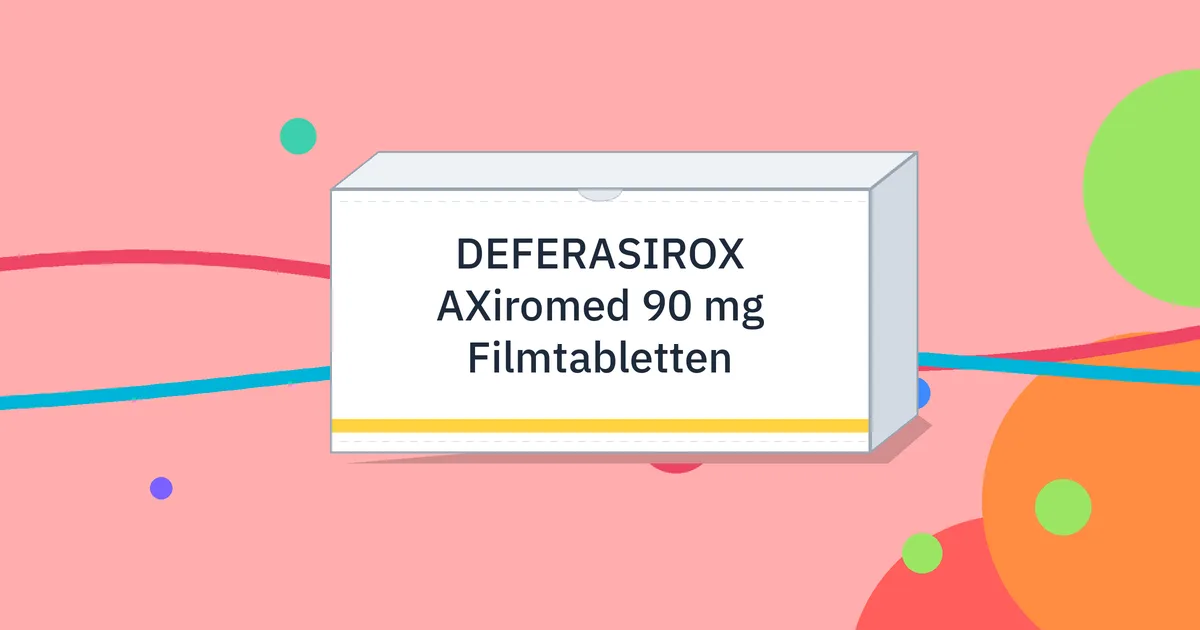 Symbolbild: Packung mit der Aufschrift DEFERASIROX AXiromed 90 mg Filmtabletten (PZN 17946276) – Verfügbarkeit und Bezug in Apotheken in Frankfurt am Main