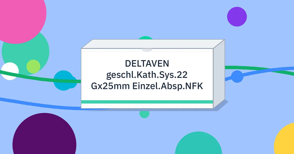 Symbolbild: Packung mit der Aufschrift DELTAVEN geschl.Kath.Sys.22 Gx25mm Einzel.Absp.NFK (PZN 13977311) – Verfügbarkeit und Bezug in Apotheken in Frankfurt am Main
