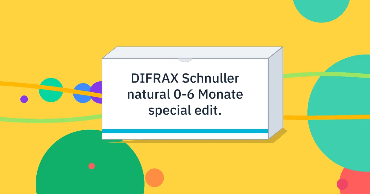 Symbolbild: Packung mit der Aufschrift DIFRAX Schnuller natural 0-6 Monate special edit. (PZN 12517636) – Verfügbarkeit und Bezug in Apotheken in Frankfurt am Main
