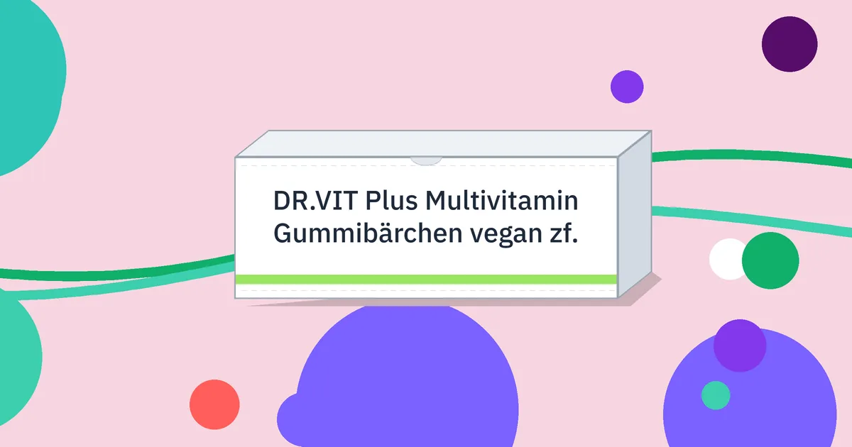 Symbolbild: Packung mit der Aufschrift DR.VIT Plus Multivitamin Gummibärchen vegan zf. (PZN 19901154) – Verfügbarkeit und Bezug in Apotheken in Frankfurt am Main
