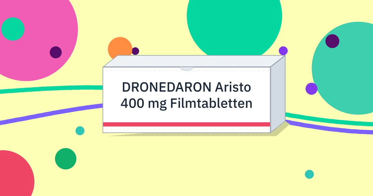 Symbolbild: Packung mit der Aufschrift DRONEDARON Aristo 400 mg Filmtabletten (PZN 15529203) – Verfügbarkeit und Bezug in Apotheken in Frankfurt am Main