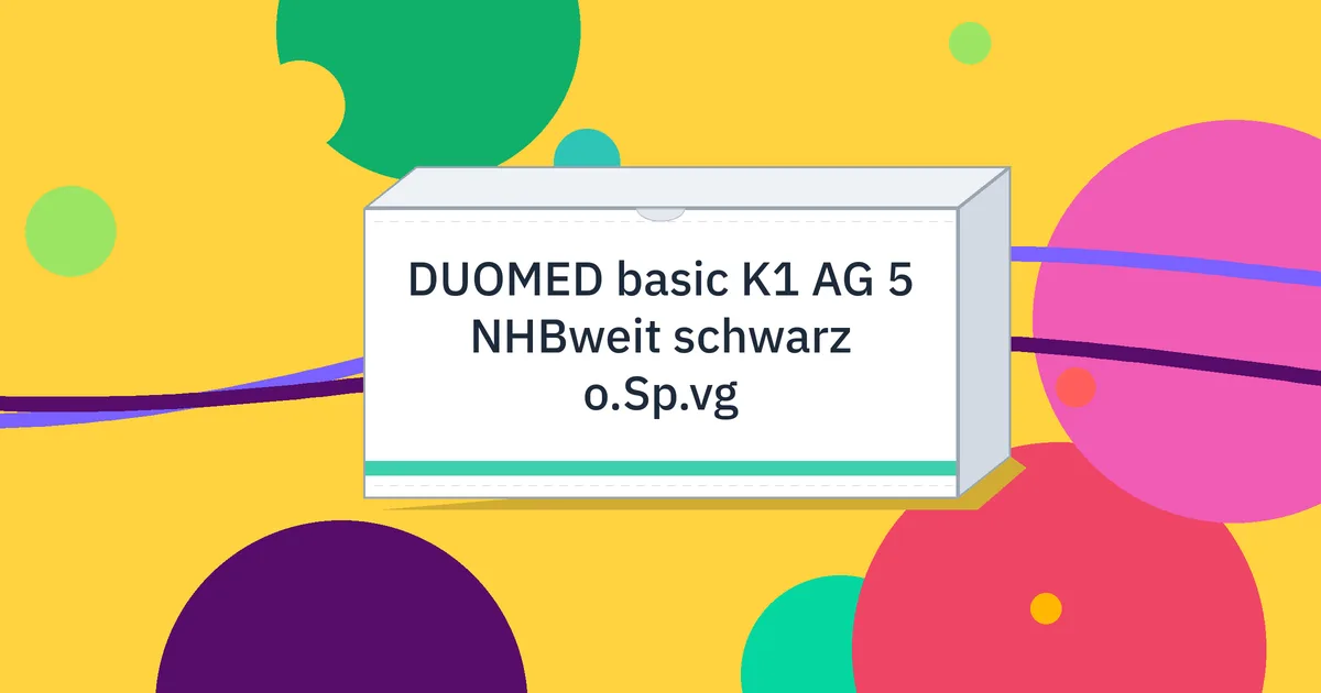 Symbolbild: Packung mit der Aufschrift DUOMED basic K1 AG 5 NHBweit schwarz o.Sp.vg (PZN 20905789) – Verfügbarkeit und Bezug in Apotheken in Frankfurt am Main
