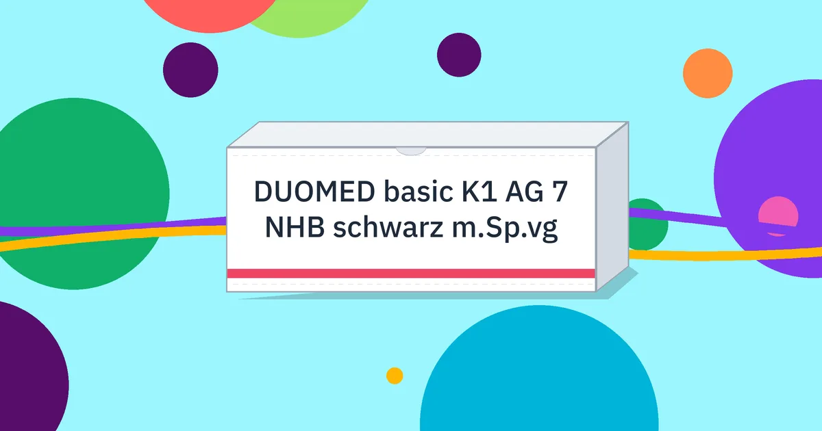 Symbolbild: Packung mit der Aufschrift DUOMED basic K1 AG 7 NHB schwarz m.Sp.vg (PZN 20905565) – Verfügbarkeit und Bezug in Apotheken in Frankfurt am Main