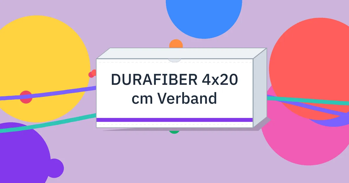 Symbolbild: Packung mit der Aufschrift DURAFIBER 4x20 cm Verband (PZN 13347805) – Verfügbarkeit und Bezug in Apotheken in Frankfurt am Main