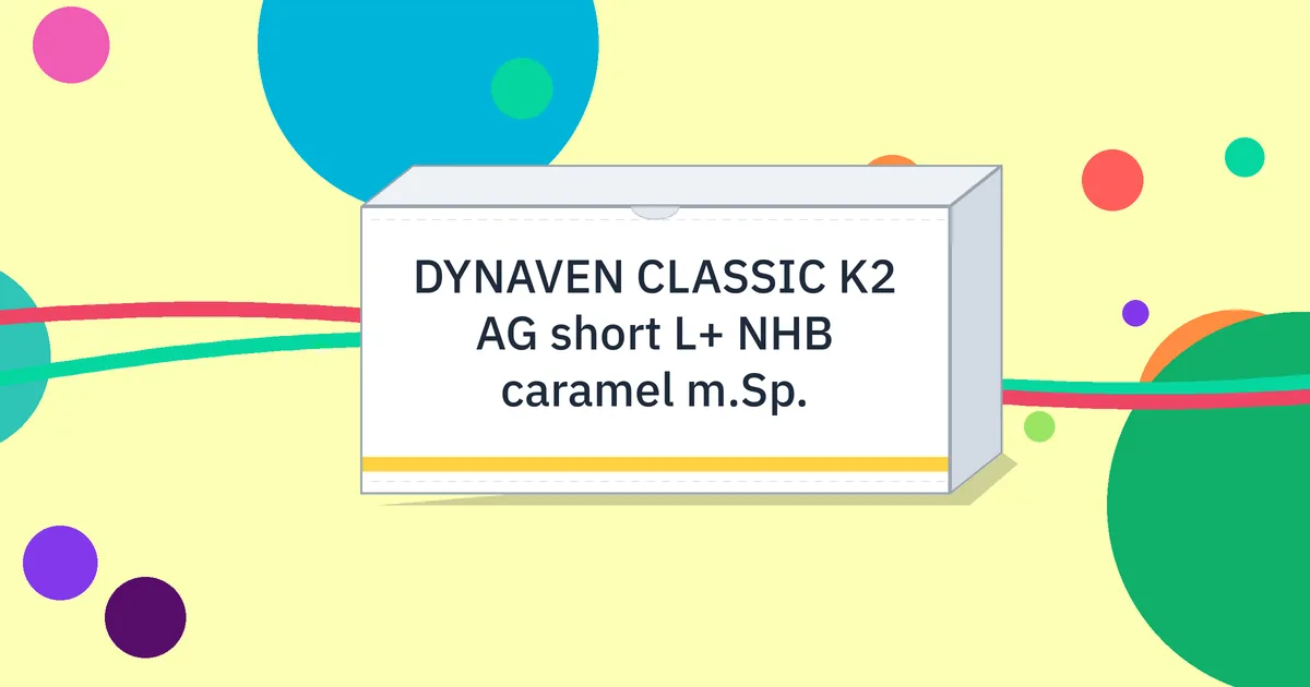 Symbolbild: Packung mit der Aufschrift DYNAVEN CLASSIC K2 AG short L+ NHB caramel m.Sp. (PZN 18418817) – Verfügbarkeit und Bezug in Apotheken in Frankfurt am Main