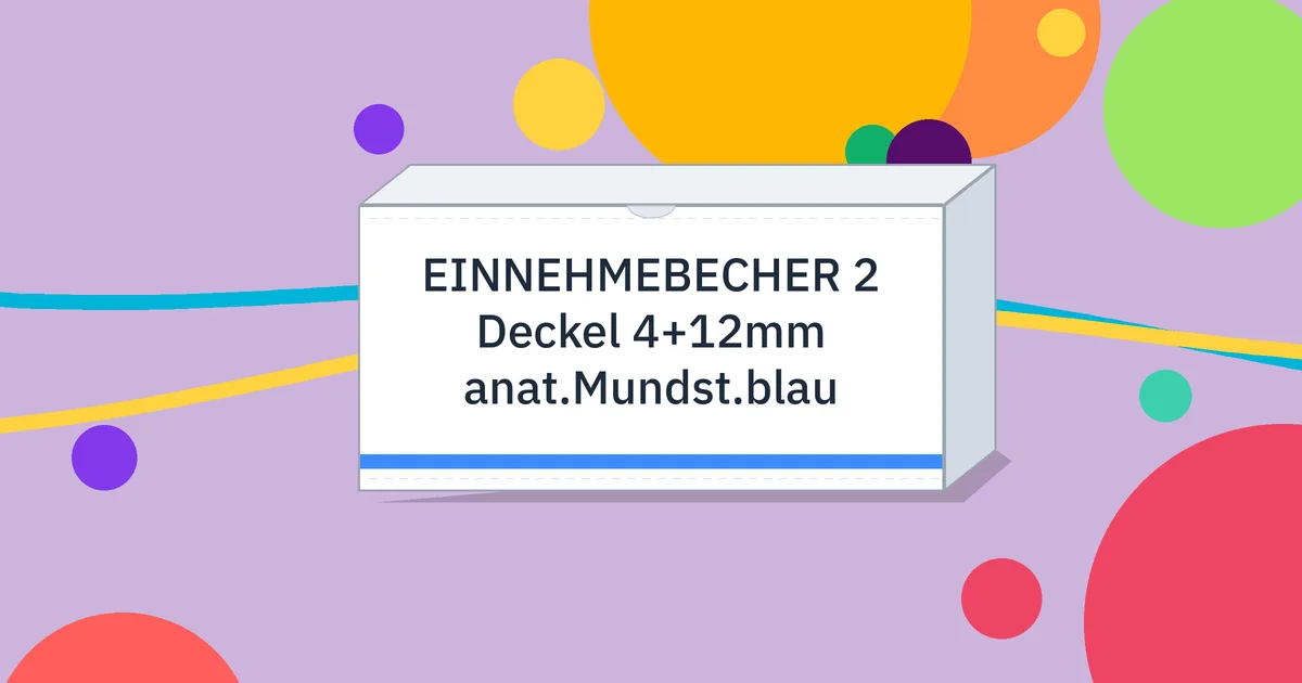 Symbolbild: Packung mit der Aufschrift EINNEHMEBECHER 2 Deckel 4+12mm anat.Mundst.blau (PZN 10637856) – Verfügbarkeit und Bezug in Apotheken in Frankfurt am Main