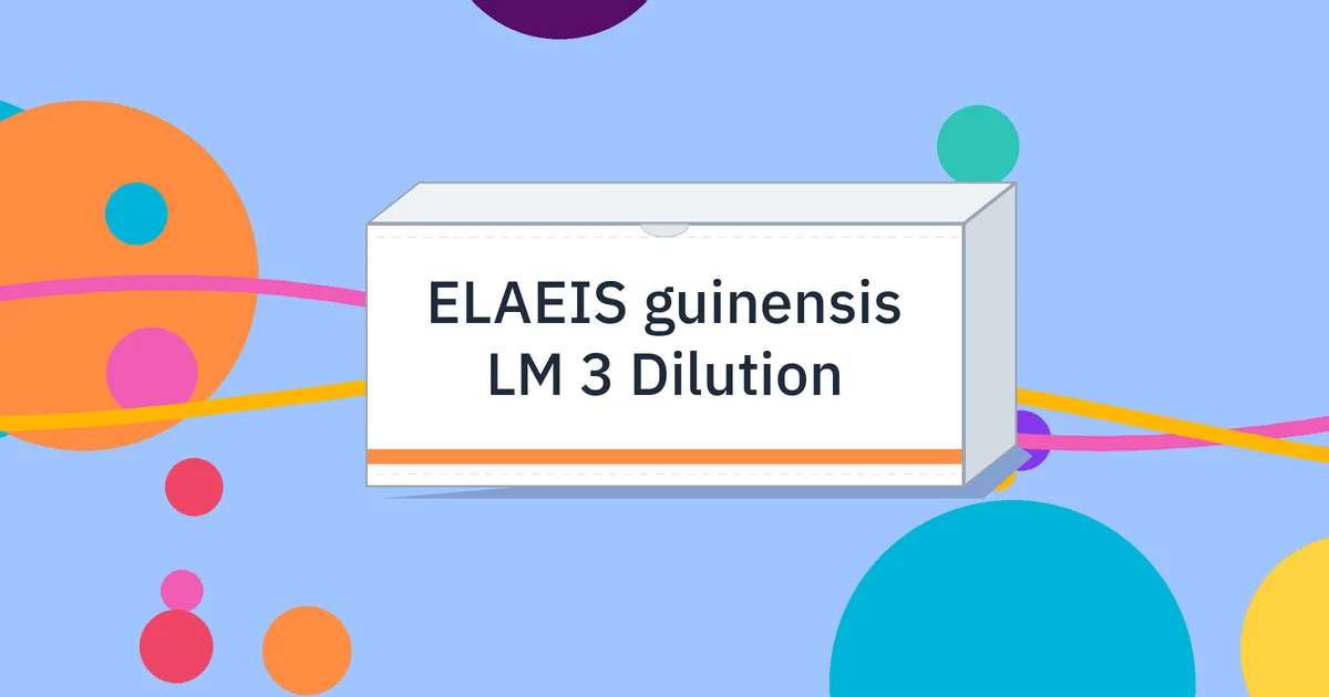 Symbolbild: Packung mit der Aufschrift ELAEIS guinensis LM 3 Dilution (PZN 13469684) – Verfügbarkeit und Bezug in Apotheken in Frankfurt am Main