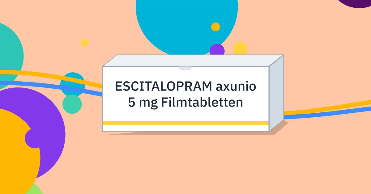Symbolbild: Packung mit der Aufschrift ESCITALOPRAM axunio 5 mg Filmtabletten (PZN 18044305) – Verfügbarkeit und Bezug in Apotheken in Frankfurt am Main