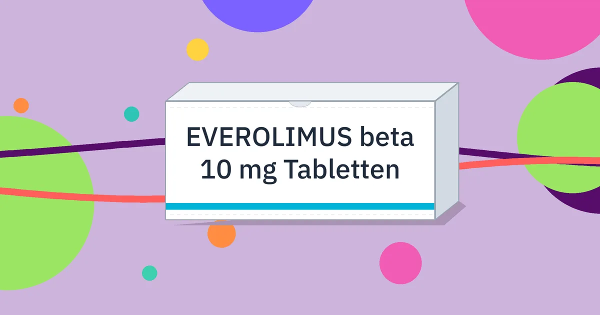 Symbolbild: Packung mit der Aufschrift EVEROLIMUS beta 10 mg Tabletten (PZN 14372403) – Verfügbarkeit und Bezug in Apotheken in Frankfurt am Main