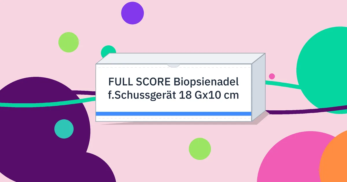 Symbolbild: Packung mit der Aufschrift FULL SCORE Biopsienadel f.Schussgerät 18 Gx10 cm (PZN 14384582) – Verfügbarkeit und Bezug in Apotheken in Frankfurt am Main