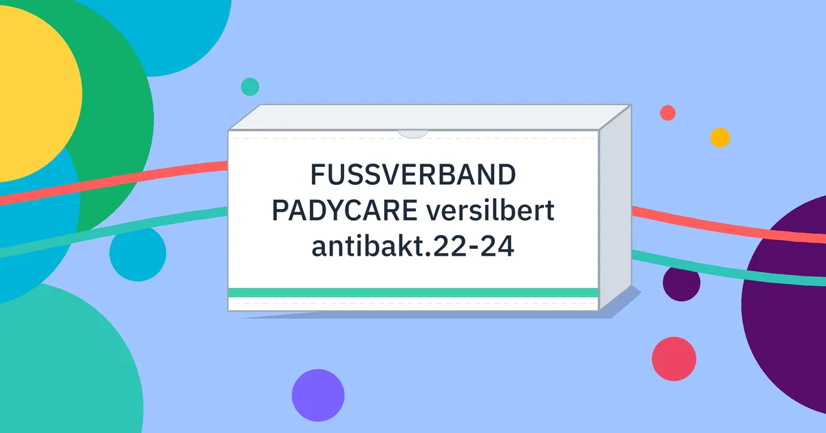 Symbolbild: Packung mit der Aufschrift FUSSVERBAND PADYCARE versilbert antibakt.22-24 (PZN 10939965) – Verfügbarkeit und Bezug in Apotheken in Frankfurt am Main