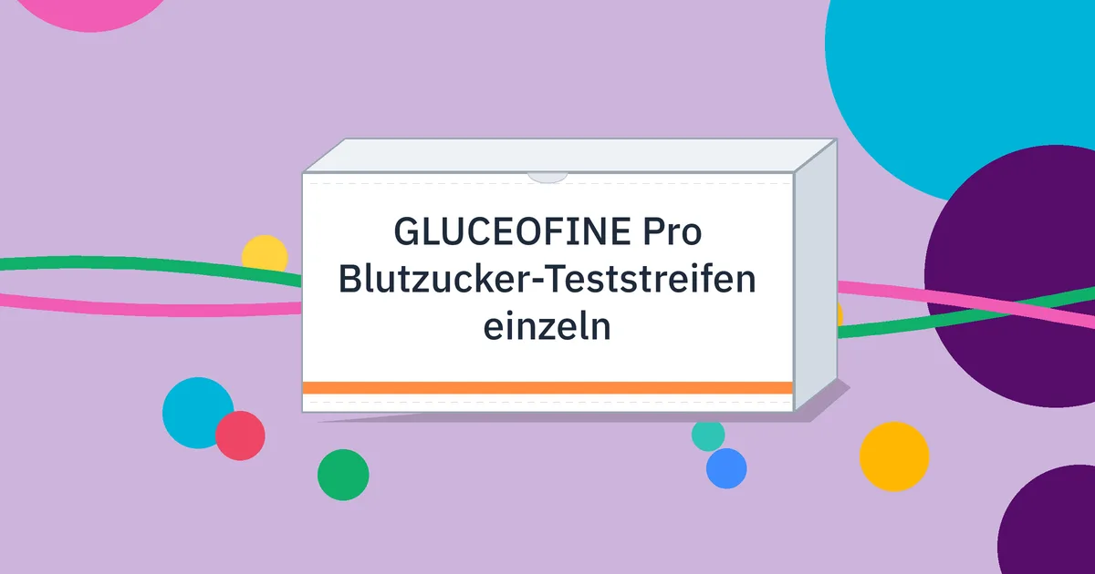 Symbolbild: Packung mit der Aufschrift GLUCEOFINE Pro Blutzucker-Teststreifen einzeln (PZN 18664723) – Verfügbarkeit und Bezug in Apotheken in Frankfurt am Main