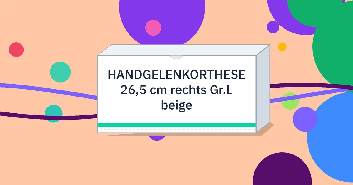 Symbolbild: Packung mit der Aufschrift HANDGELENKORTHESE 26,5 cm rechts Gr.L beige (PZN 03388536) – Verfügbarkeit und Bezug in Apotheken in Frankfurt am Main