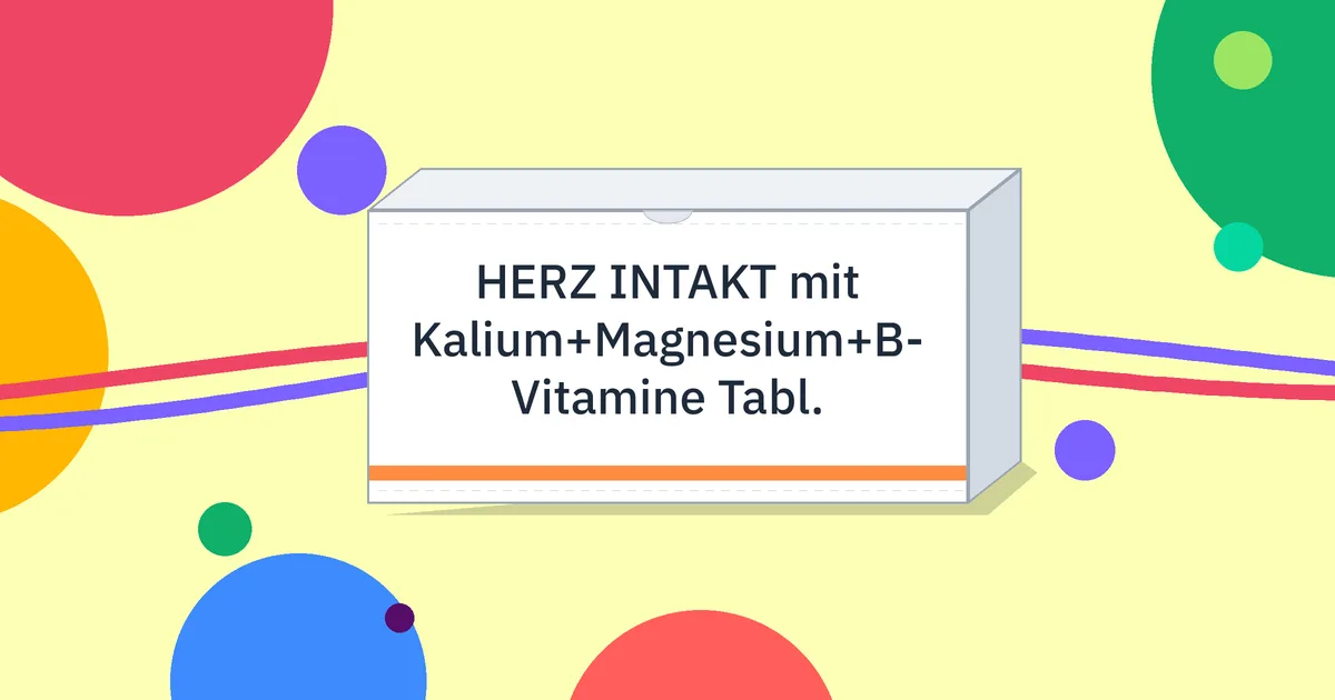Symbolbild: Packung mit der Aufschrift HERZ INTAKT mit Kalium+Magnesium+B-Vitamine Tabl. (PZN 18219325) – Verfügbarkeit und Bezug in Apotheken in Frankfurt am Main