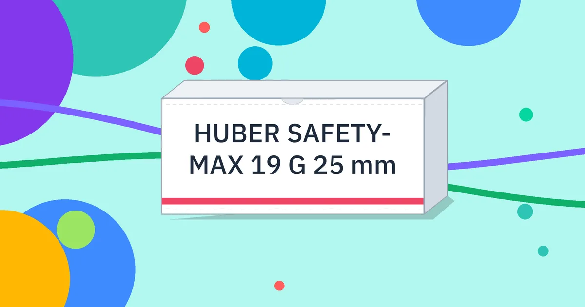 Symbolbild: Packung mit der Aufschrift HUBER SAFETY-MAX 19 G 25 mm (PZN 10185147) – Verfügbarkeit und Bezug in Apotheken in Frankfurt am Main