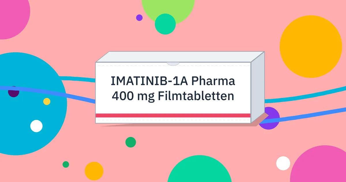 Symbolbild: Packung mit der Aufschrift IMATINIB-1A Pharma 400 mg Filmtabletten (PZN 12437251) – Verfügbarkeit und Bezug in Apotheken in Frankfurt am Main