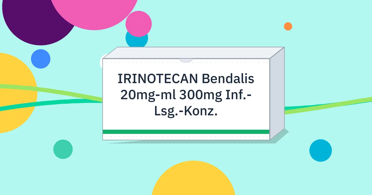 Symbolbild: Packung mit der Aufschrift IRINOTECAN Bendalis 20mg-ml 300mg Inf.-Lsg.-Konz. (PZN 09203029) – Verfügbarkeit und Bezug in Apotheken in Frankfurt am Main