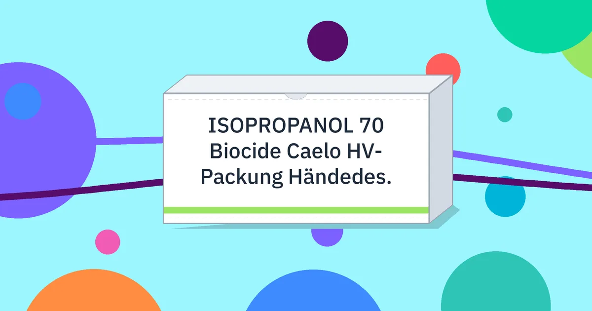 Symbolbild: Packung mit der Aufschrift ISOPROPANOL 70 Biocide Caelo HV-Packung Händedes. (PZN 19759070) – Verfügbarkeit und Bezug in Apotheken in Frankfurt am Main