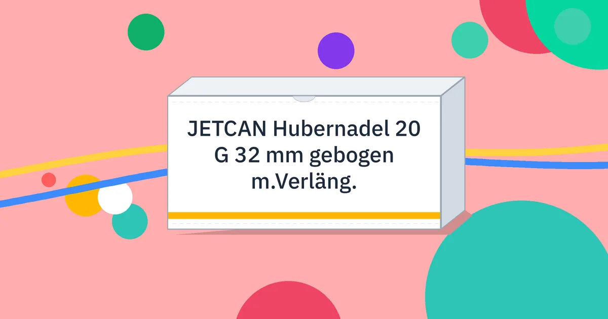 Symbolbild: Packung mit der Aufschrift JETCAN Hubernadel 20 G 32 mm gebogen m.Verläng. (PZN 03086812) – Verfügbarkeit und Bezug in Apotheken in Frankfurt am Main