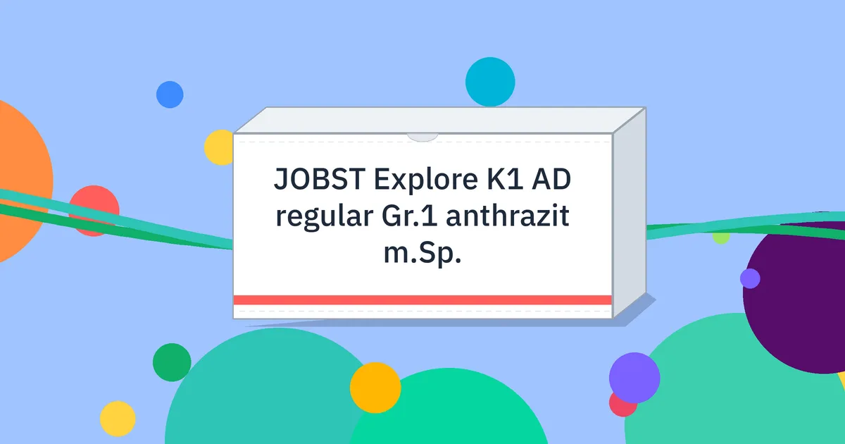 Symbolbild: Packung mit der Aufschrift JOBST Explore K1 AD regular Gr.1 anthrazit m.Sp. (PZN 11021488) – Verfügbarkeit und Bezug in Apotheken in Frankfurt am Main
