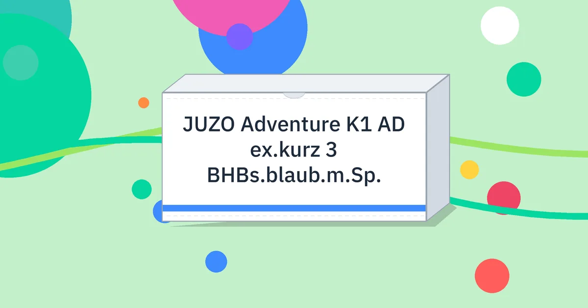 Symbolbild: Packung mit der Aufschrift JUZO Adventure K1 AD ex.kurz 3 BHBs.blaub.m.Sp. (PZN 16345592) – Verfügbarkeit und Bezug in Apotheken in Frankfurt am Main