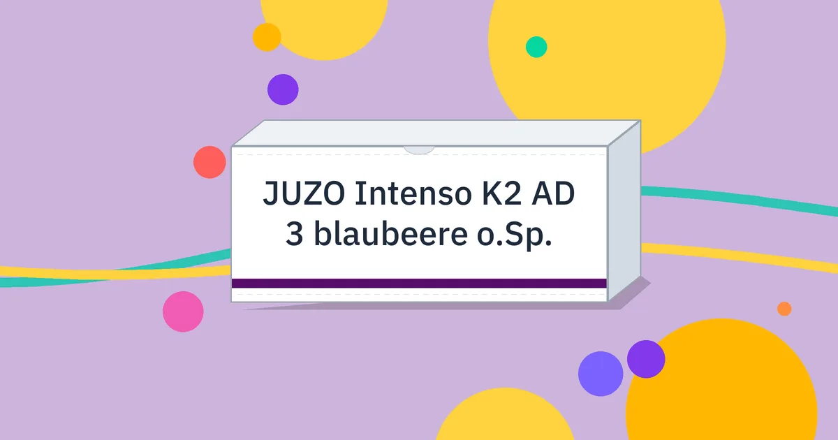 Symbolbild: Packung mit der Aufschrift JUZO Intenso K2 AD 3 blaubeere o.Sp. (PZN 18616931) – Verfügbarkeit und Bezug in Apotheken in Frankfurt am Main