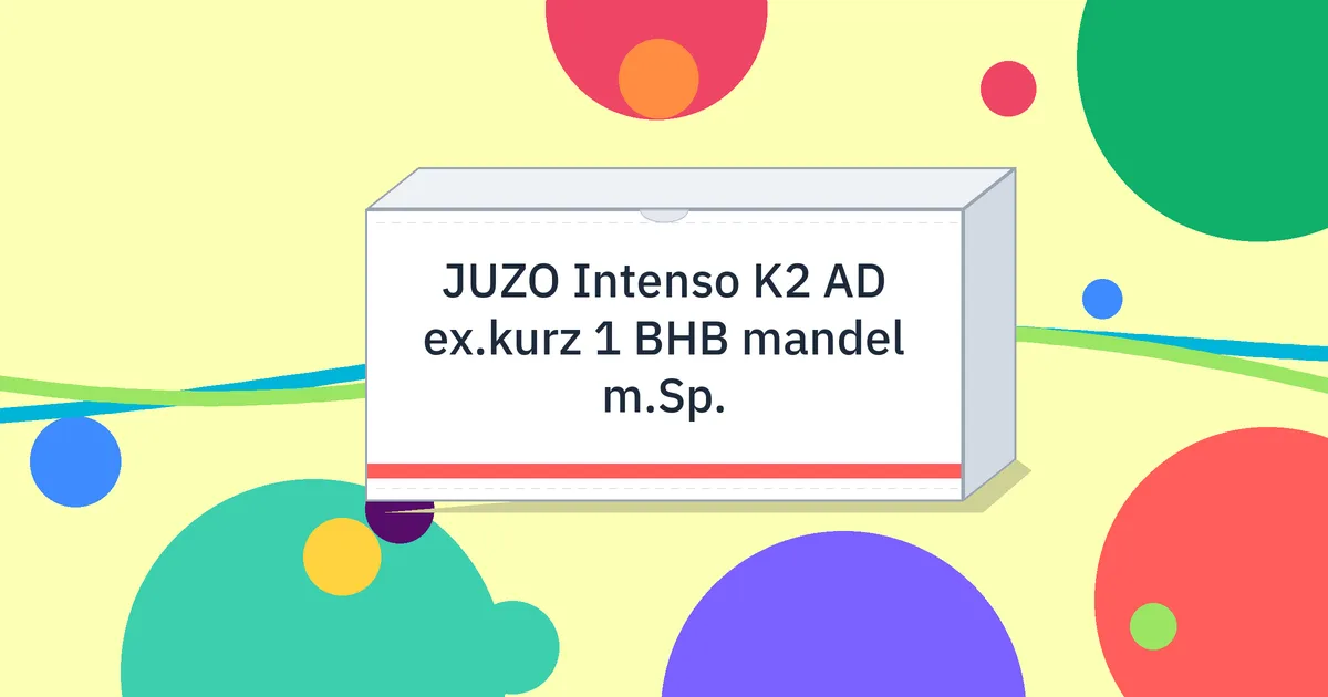 Symbolbild: Packung mit der Aufschrift JUZO Intenso K2 AD ex.kurz 1 BHB mandel m.Sp. (PZN 18615222) – Verfügbarkeit und Bezug in Apotheken in Frankfurt am Main