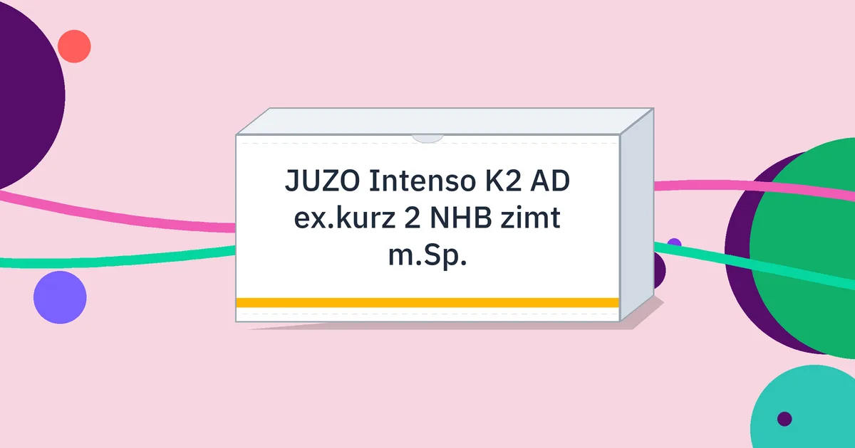 Symbolbild: Packung mit der Aufschrift JUZO Intenso K2 AD ex.kurz 2 NHB zimt m.Sp. (PZN 18611454) – Verfügbarkeit und Bezug in Apotheken in Frankfurt am Main