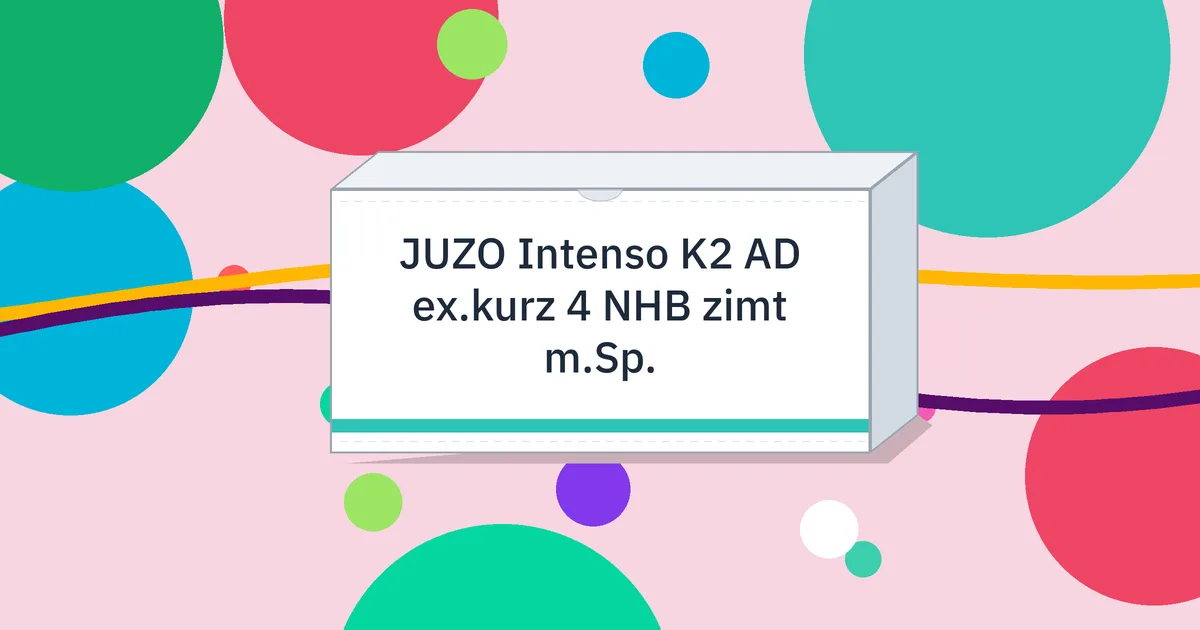 Symbolbild: Packung mit der Aufschrift JUZO Intenso K2 AD ex.kurz 4 NHB zimt m.Sp. (PZN 18611477) – Verfügbarkeit und Bezug in Apotheken in Frankfurt am Main