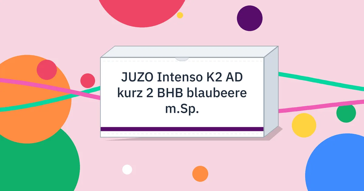 Symbolbild: Packung mit der Aufschrift JUZO Intenso K2 AD kurz 2 BHB blaubeere m.Sp. (PZN 18614530) – Verfügbarkeit und Bezug in Apotheken in Frankfurt am Main