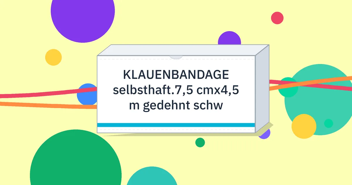 Symbolbild: Packung mit der Aufschrift KLAUENBANDAGE selbsthaft.7,5 cmx4,5 m gedehnt schw (PZN 15658277) – Verfügbarkeit und Bezug in Apotheken in Frankfurt am Main