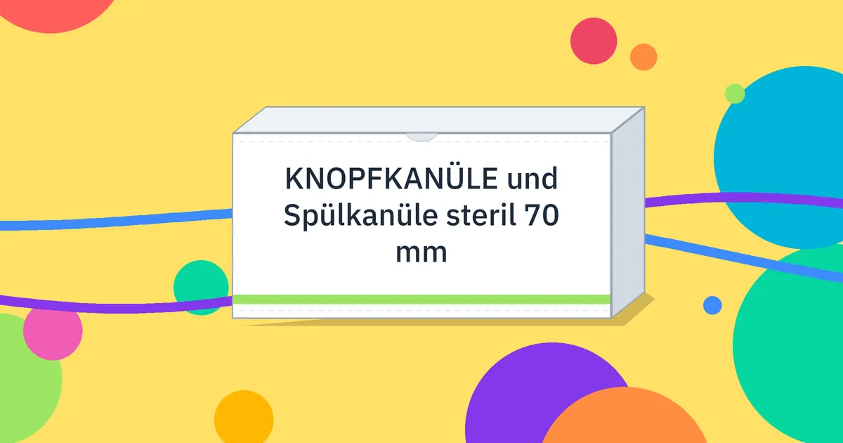 Symbolbild: Packung mit der Aufschrift KNOPFKANÜLE und Spülkanüle steril 70 mm (PZN 18832793) – Verfügbarkeit und Bezug in Apotheken in Frankfurt am Main