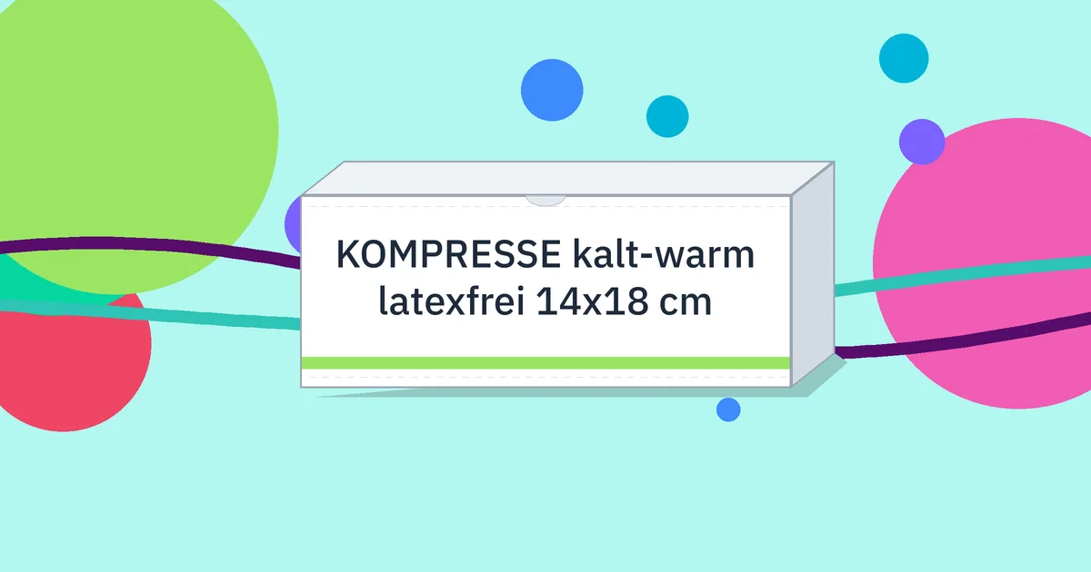 Symbolbild: Packung mit der Aufschrift KOMPRESSE kalt-warm latexfrei 14x18 cm (PZN 03075777) – Verfügbarkeit und Bezug in Apotheken in Frankfurt am Main