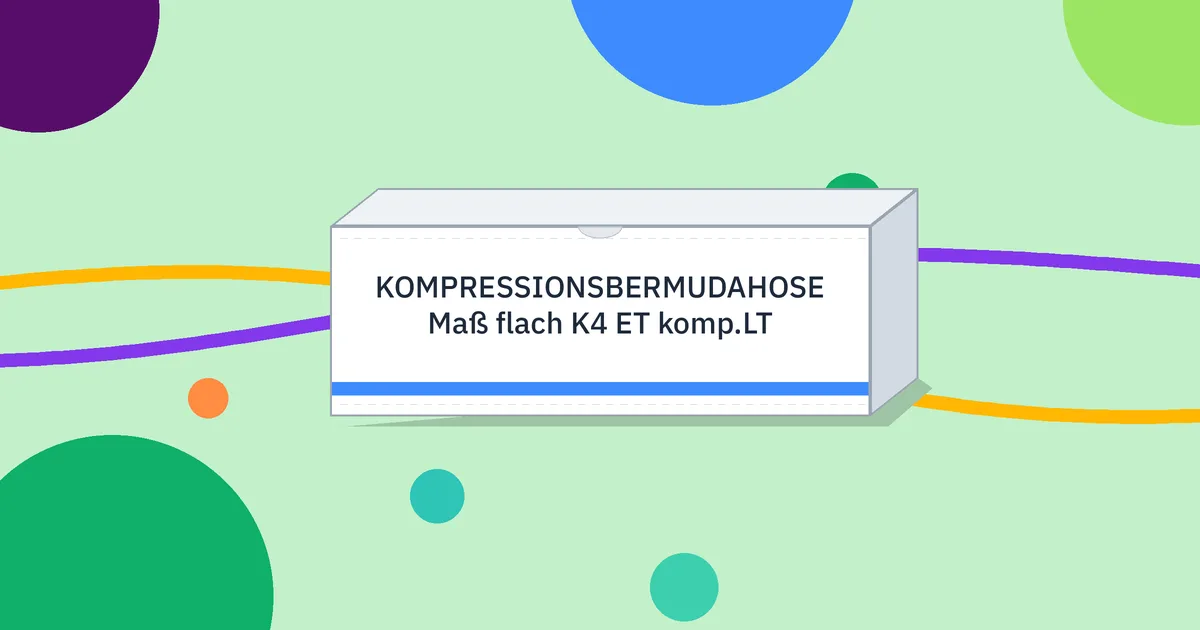 Symbolbild: Packung mit der Aufschrift KOMPRESSIONSBERMUDAHOSE Maß flach K4 ET komp.LT (PZN 19998165) – Verfügbarkeit und Bezug in Apotheken in Frankfurt am Main