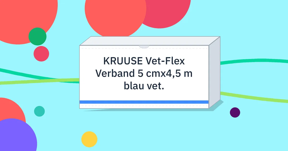 Symbolbild: Packung mit der Aufschrift KRUUSE Vet-Flex Verband 5 cmx4,5 m blau vet. (PZN 18443525) – Verfügbarkeit und Bezug in Apotheken in Frankfurt am Main