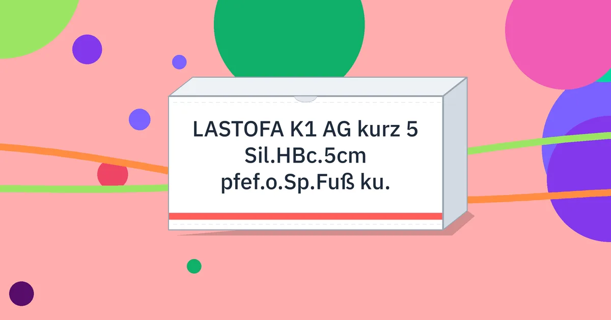 Symbolbild: Packung mit der Aufschrift LASTOFA K1 AG kurz 5 Sil.HBc.5cm pfef.o.Sp.Fuß ku. (PZN 13793829) – Verfügbarkeit und Bezug in Apotheken in Frankfurt am Main