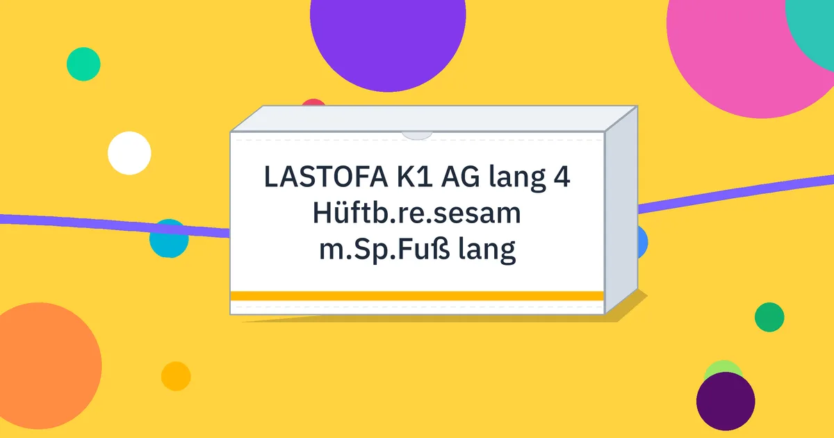 Symbolbild: Packung mit der Aufschrift LASTOFA K1 AG lang 4 Hüftb.re.sesam m.Sp.Fuß lang (PZN 13798502) – Verfügbarkeit und Bezug in Apotheken in Frankfurt am Main