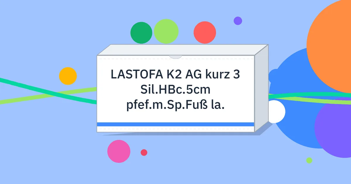 Symbolbild: Packung mit der Aufschrift LASTOFA K2 AG kurz 3 Sil.HBc.5cm pfef.m.Sp.Fuß la. (PZN 13804846) – Verfügbarkeit und Bezug in Apotheken in Frankfurt am Main