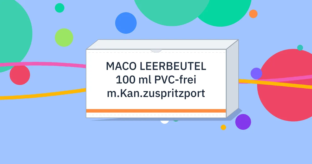 Symbolbild: Packung mit der Aufschrift MACO LEERBEUTEL 100 ml PVC-frei m.Kan.zuspritzport (PZN 15301865) – Verfügbarkeit und Bezug in Apotheken in Frankfurt am Main