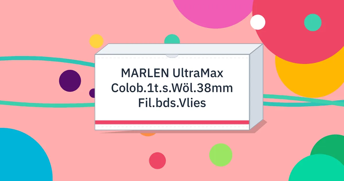 Symbolbild: Packung mit der Aufschrift MARLEN UltraMax Colob.1t.s.Wöl.38mm Fil.bds.Vlies (PZN 00625361) – Verfügbarkeit und Bezug in Apotheken in Frankfurt am Main