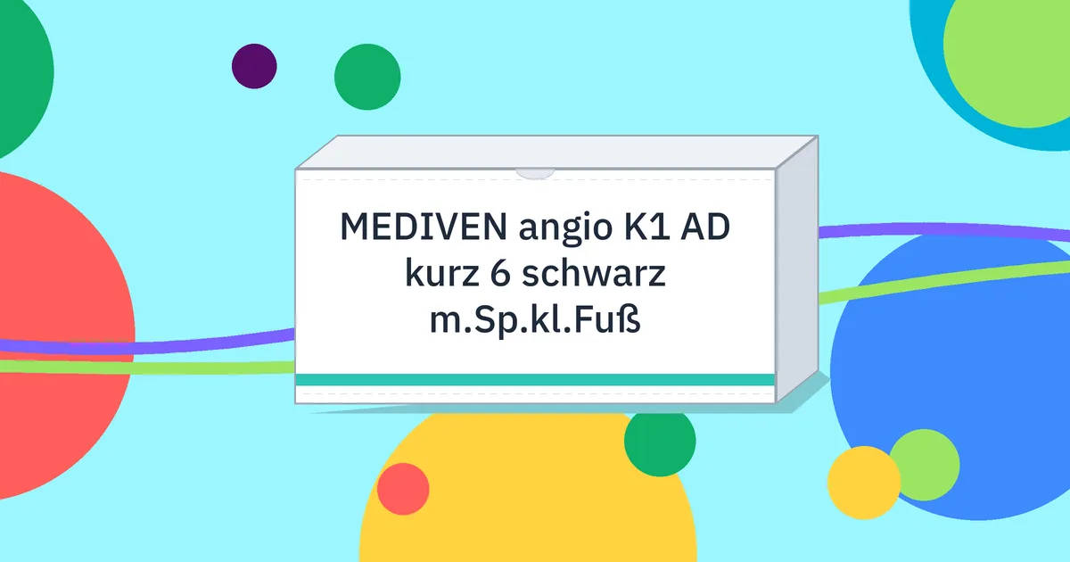 Symbolbild: Packung mit der Aufschrift MEDIVEN angio K1 AD kurz 6 schwarz m.Sp.kl.Fuß (PZN 17210463) – Verfügbarkeit und Bezug in Apotheken in Frankfurt am Main
