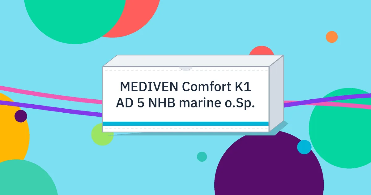 Symbolbild: Packung mit der Aufschrift MEDIVEN Comfort K1 AD 5 NHB marine o.Sp. (PZN 14560926) – Verfügbarkeit und Bezug in Apotheken in Frankfurt am Main