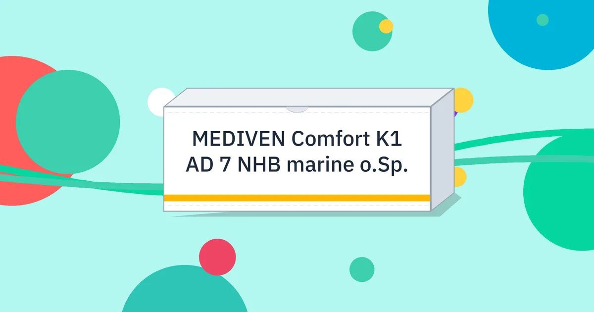 Symbolbild: Packung mit der Aufschrift MEDIVEN Comfort K1 AD 7 NHB marine o.Sp. (PZN 14560949) – Verfügbarkeit und Bezug in Apotheken in Frankfurt am Main
